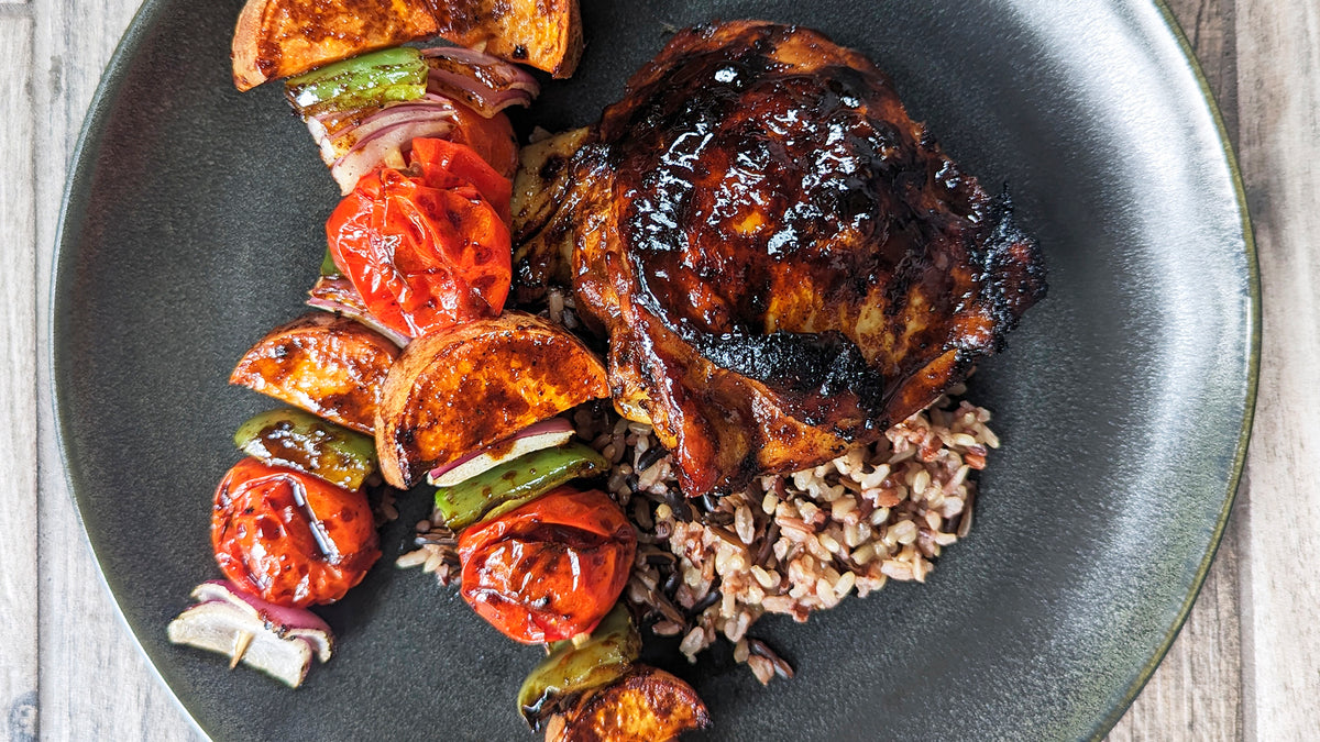 Spicy Jerk Chicken Thighs with Grilled Veggies and Wild Rice – Nutiva